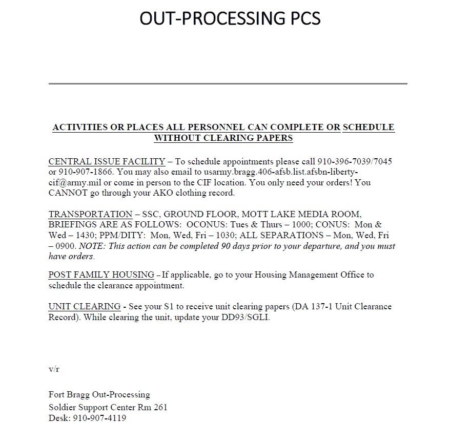 Out-Processing Section :: Fort Bragg