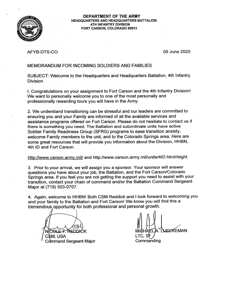 HHBN Welcome Letter :: Fort Carson