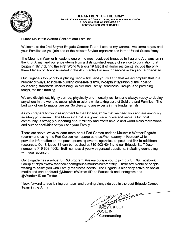 2SBCT Welcome Letter :: Fort Carson